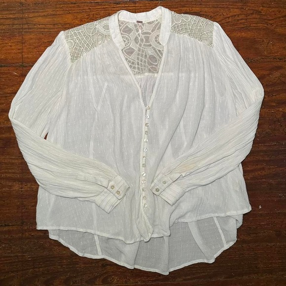 Free People | Tops | Free People White Buttonfront Blouse With Sheer ...